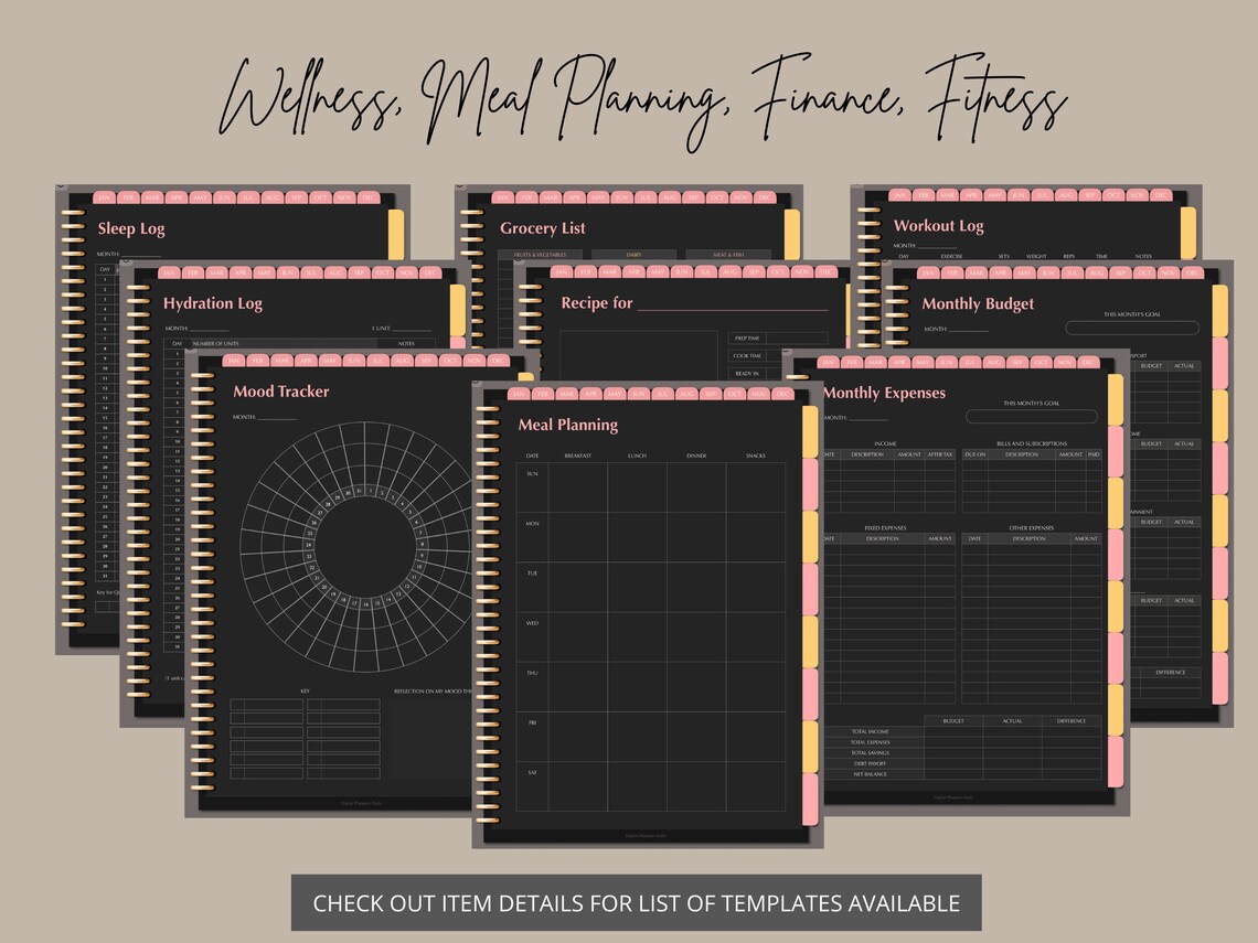 Undated Digital Planner Portrait Dark Mode Blackout Sunday and Monday ...