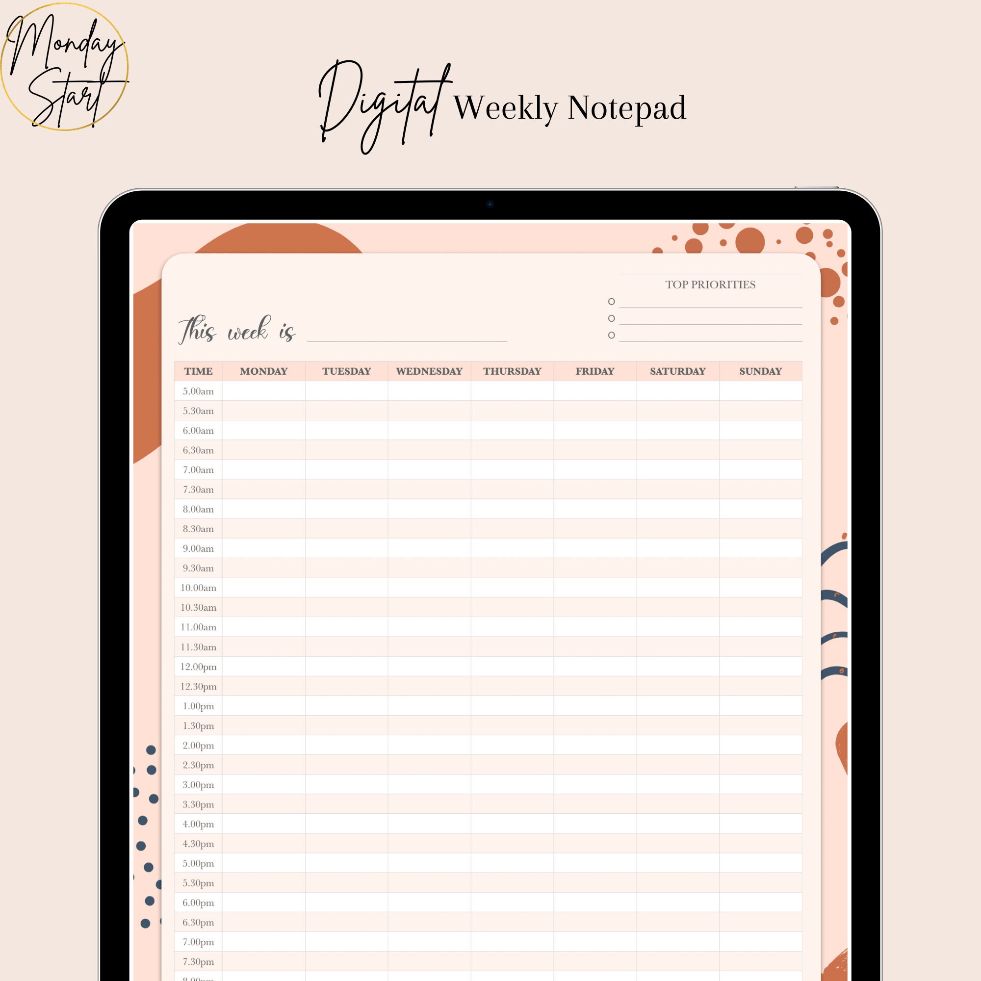 Digital Notepad, Weekly, Monday Start, Half-hourly, 5am to 11.30pm ...