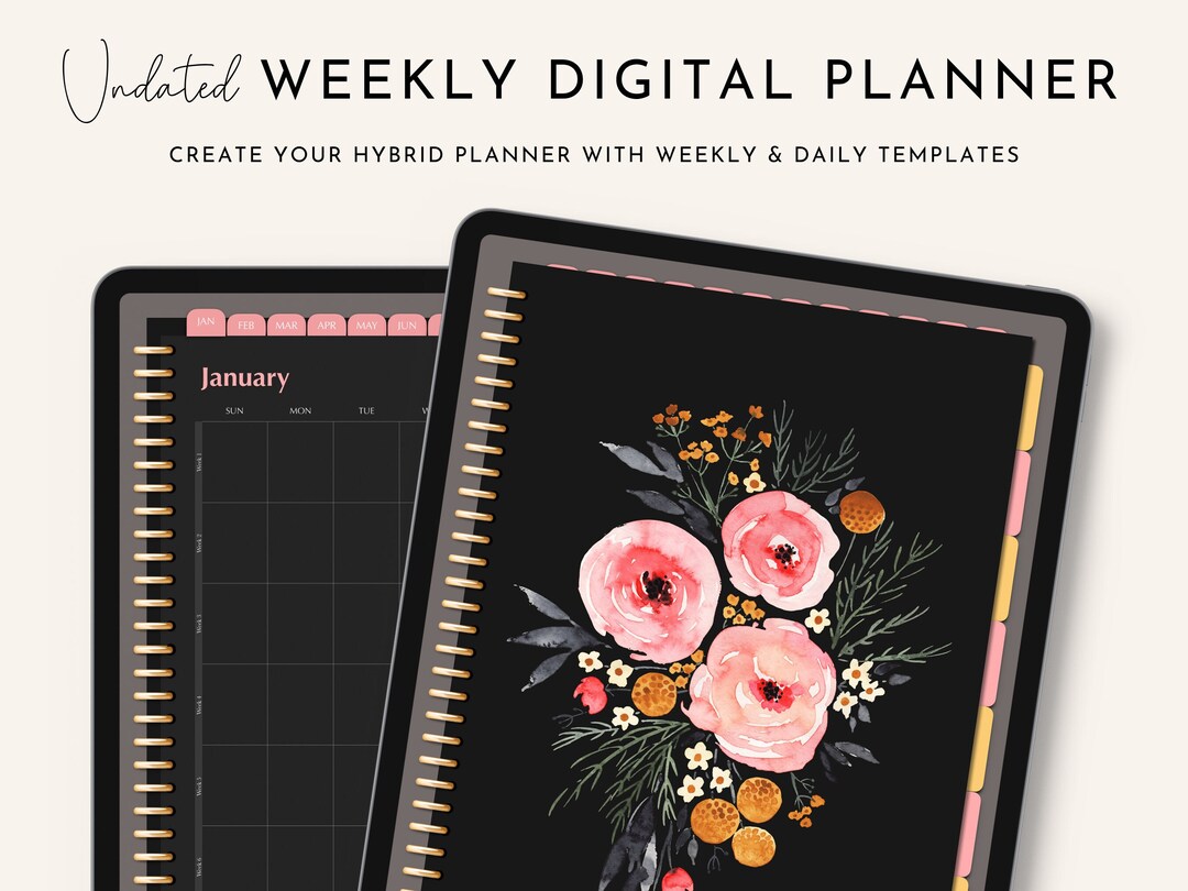 Undated Digital Planner Portrait Dark Mode Blackout Sunday and Monday ...