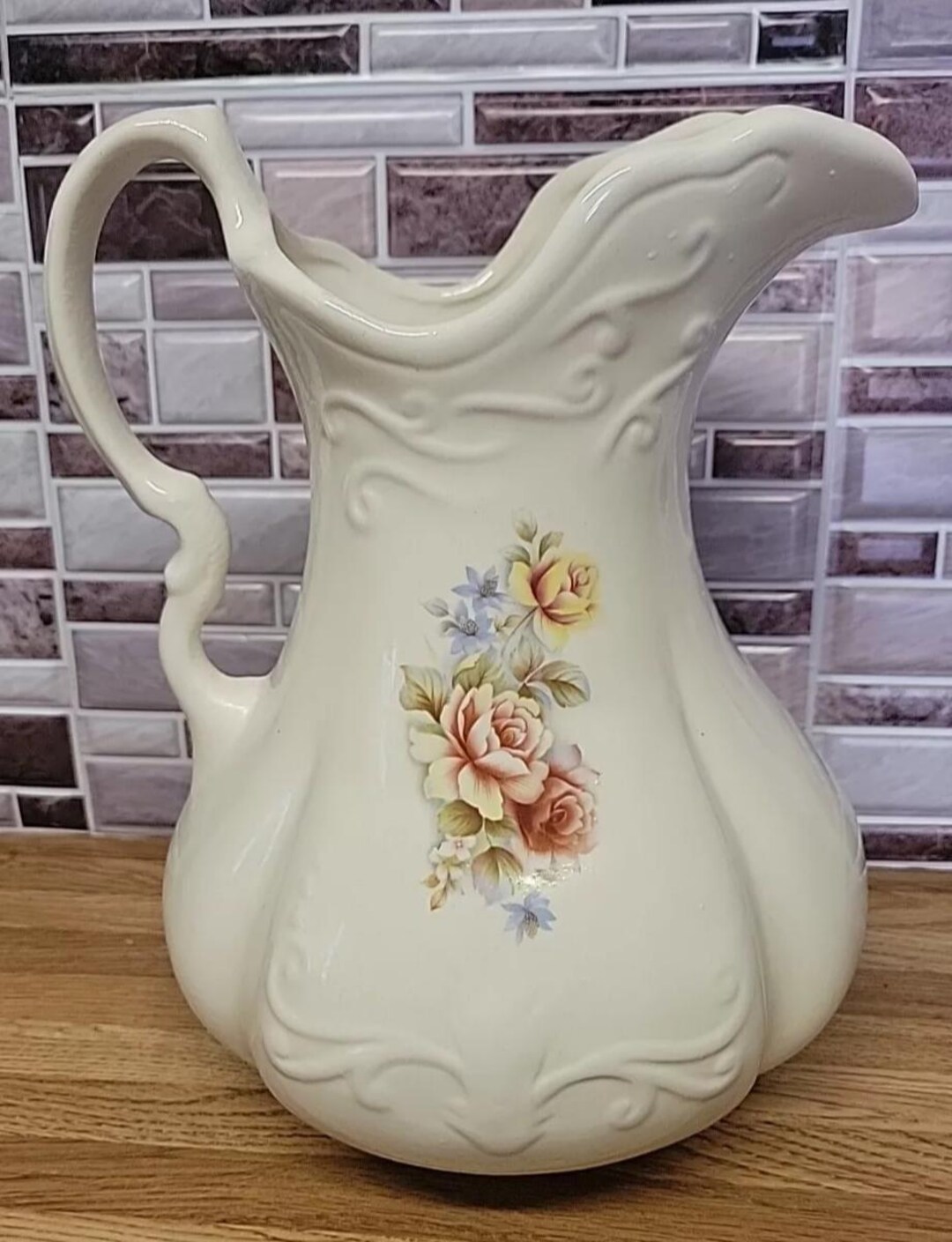 Gray/white Ironstone Large Water Pitcher Floral Flowers 12 Inches Tall ...