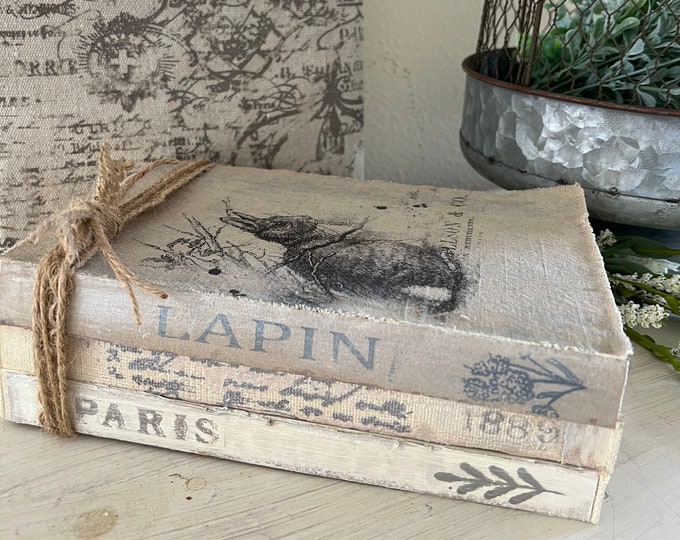 Vintage Inspired French Rabbit Unbound Book Stack french Cottage ...
