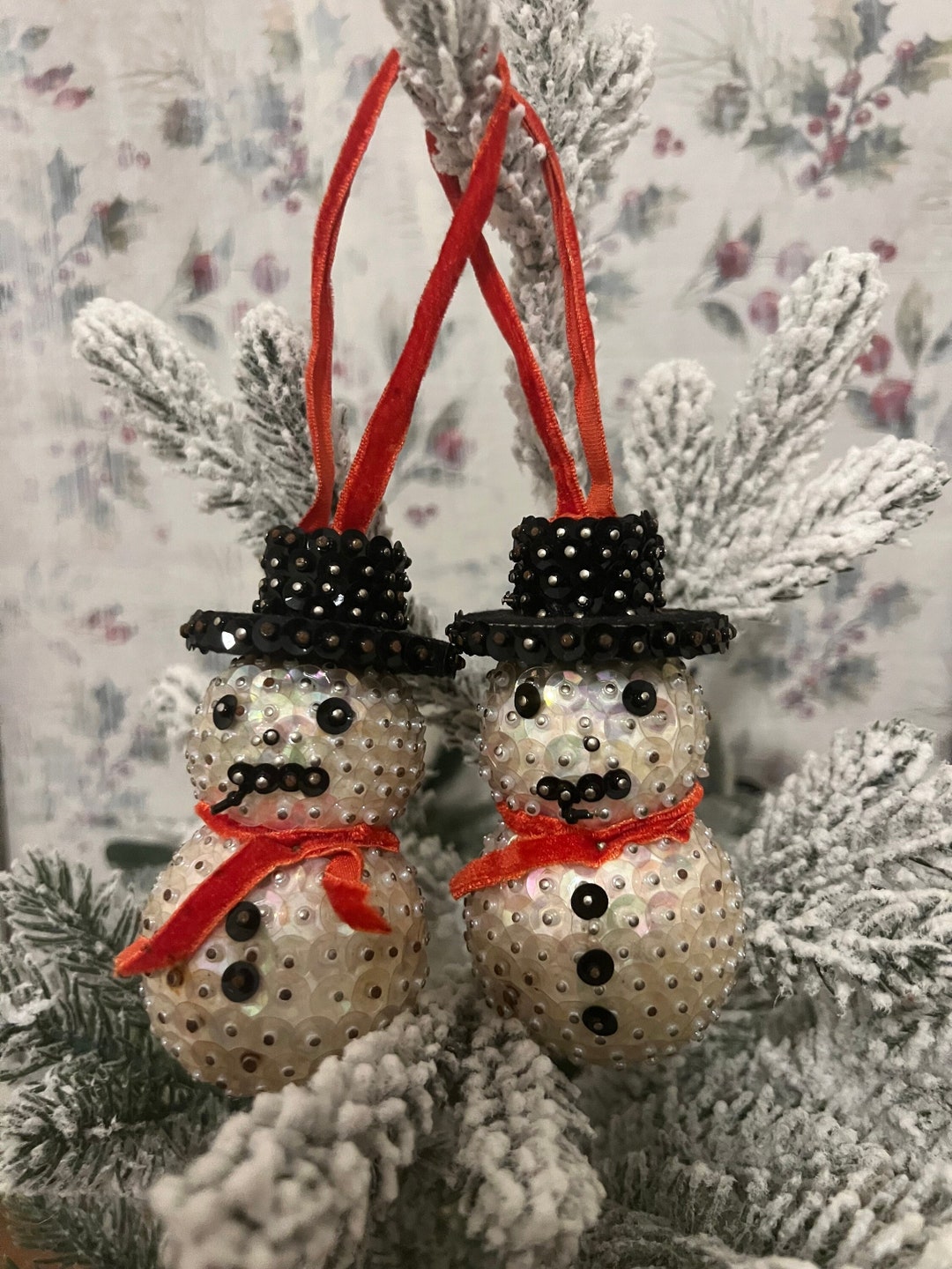 Two Vintage Christmas Tree Snowman Ornaments, Handmade Pin Art ...