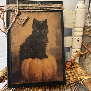 Halloween Kitten/cat on Pumpkin Book Handcrafted Distressed, Vintage ...