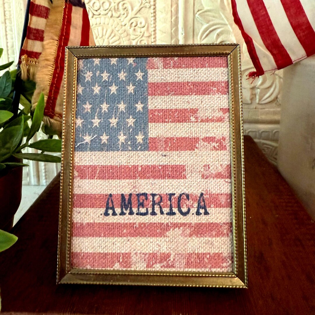 Primitive Americana Flag, Canvas Fabric Picture, Rustic, Patriotic ...