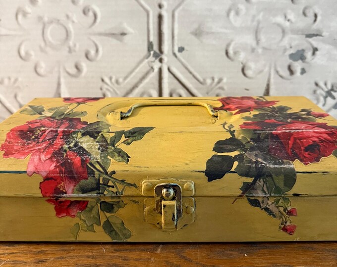 Vintage Yellow Toolbox With Rose Design, Very Distressed Mustard Yellow ...