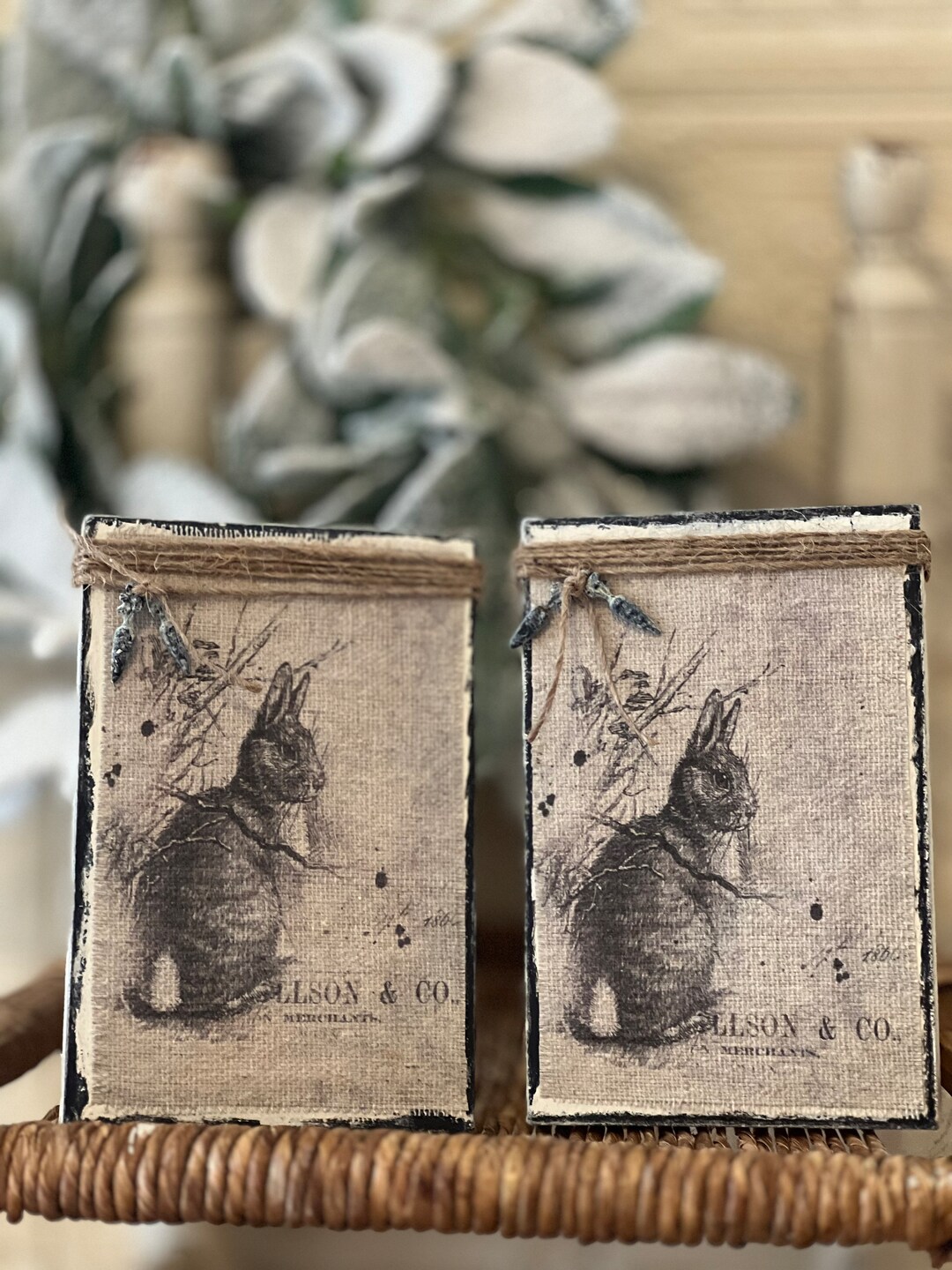 Easel Distressed Vintage French Rabbit Design on Muslin, French Cottage ...