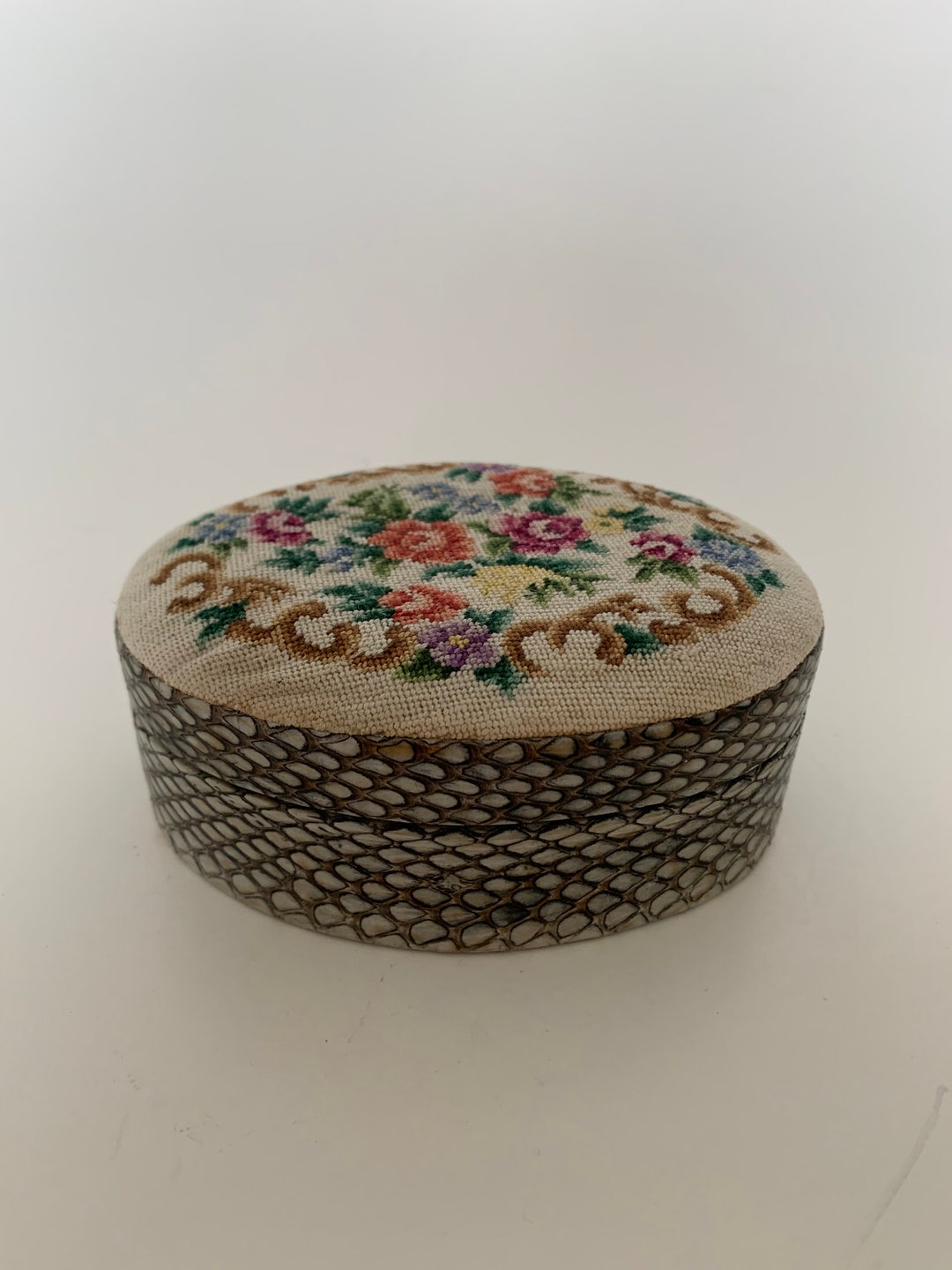 Unusual Floral Tapestry and Snake Skin Trinket/jewelry Box/oval/1930s ...