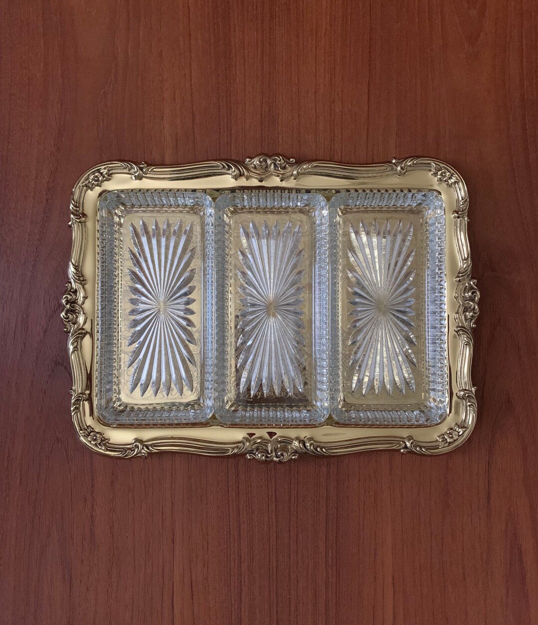 Vintage Lacquered Brass Rectangle Serving Tray/3 Glass Inserts/copper ...