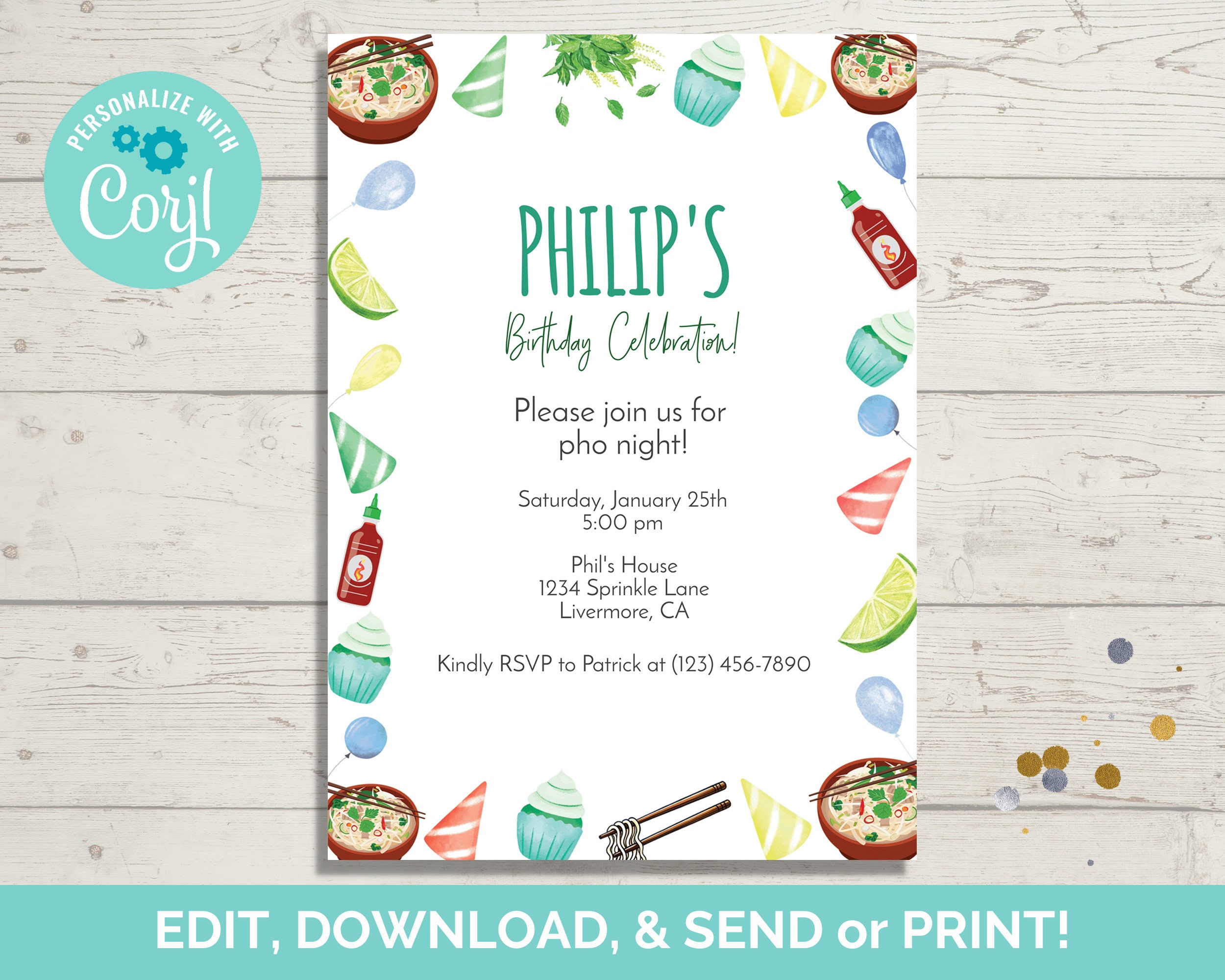 Pho Birthday Invitation Template, Editable Pho Birthday Party Invite ...
