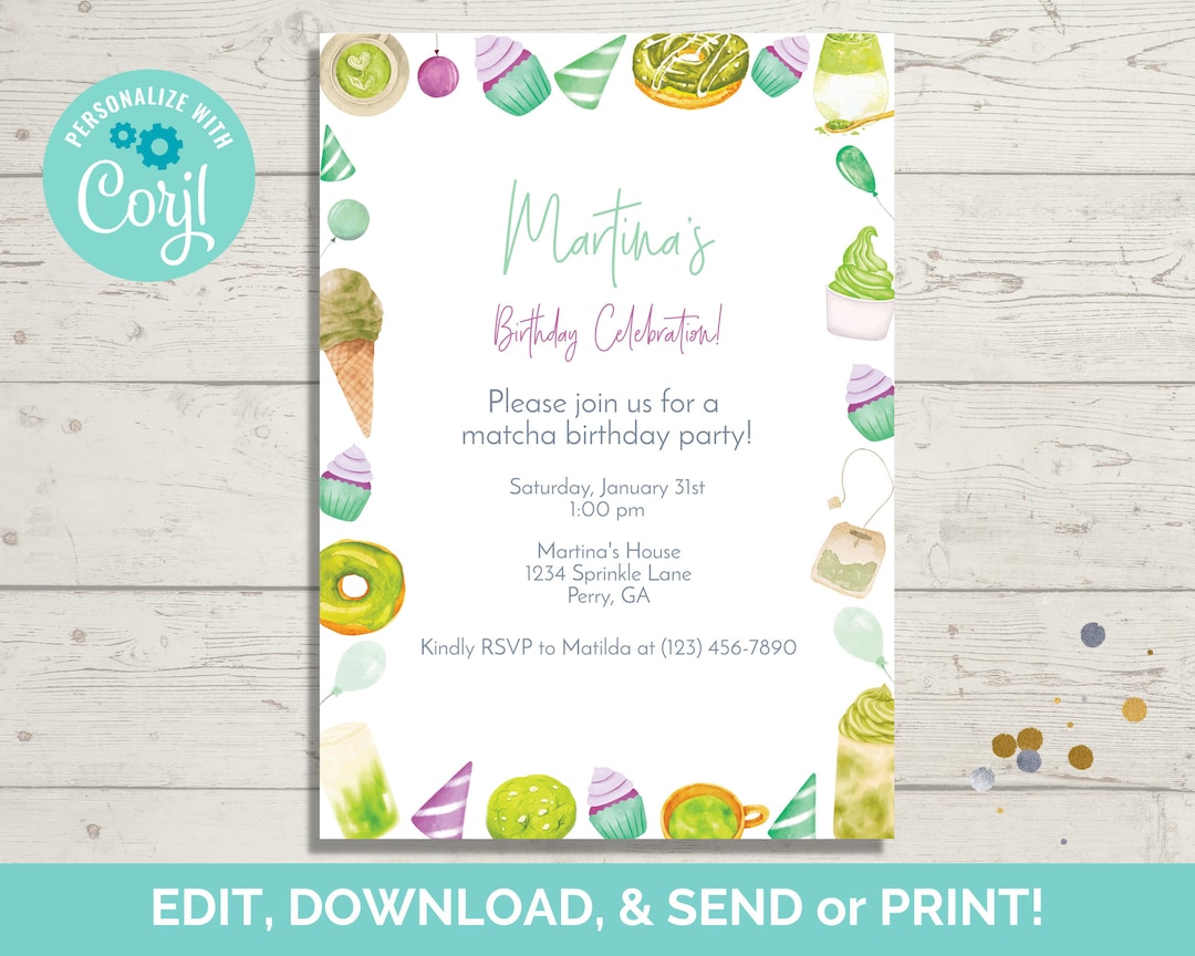 Matcha Birthday Invitation Template, Editable Party Invite (digital ...