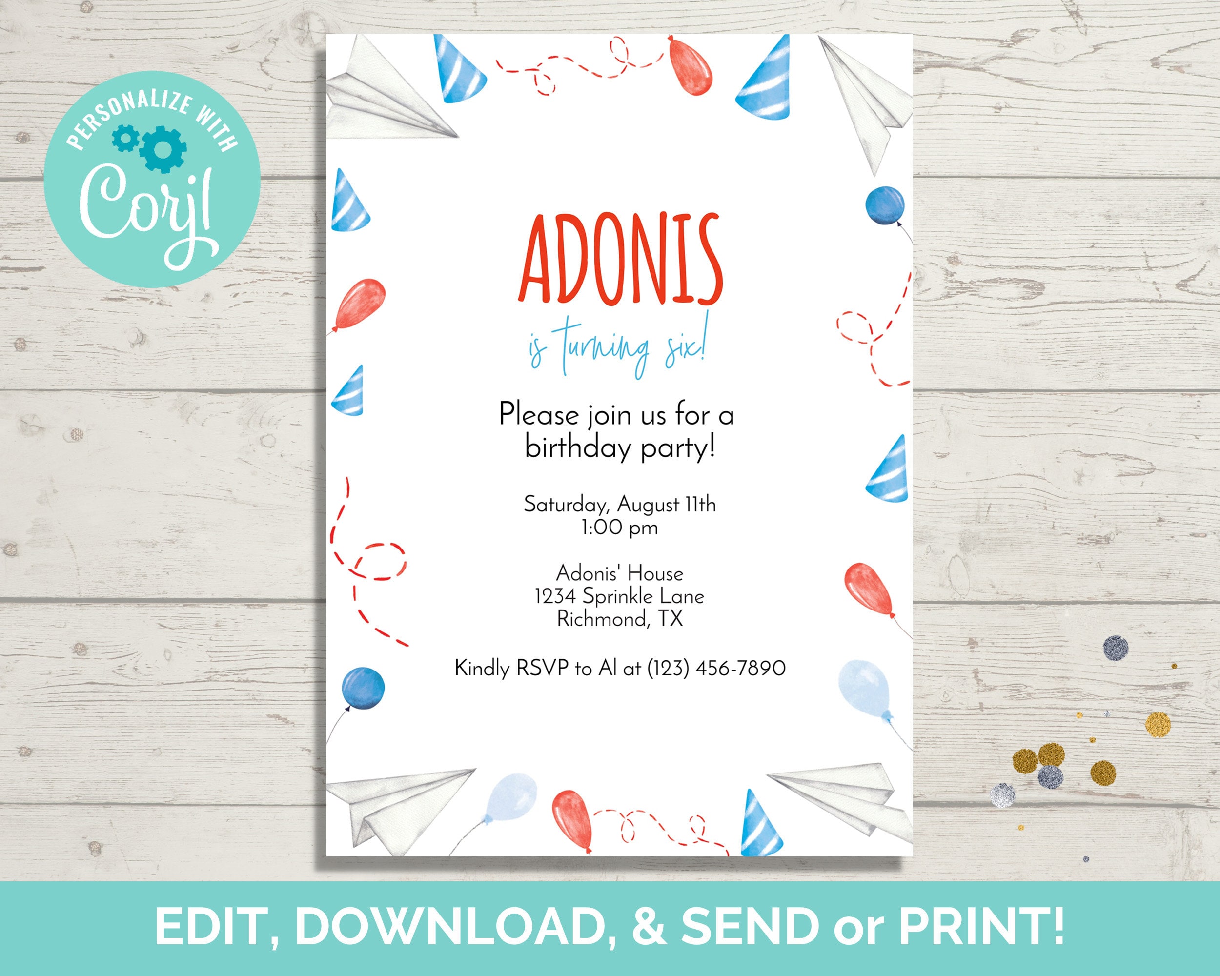 Paper Airplane Birthday Invitation Template, Editable Party Invite ...