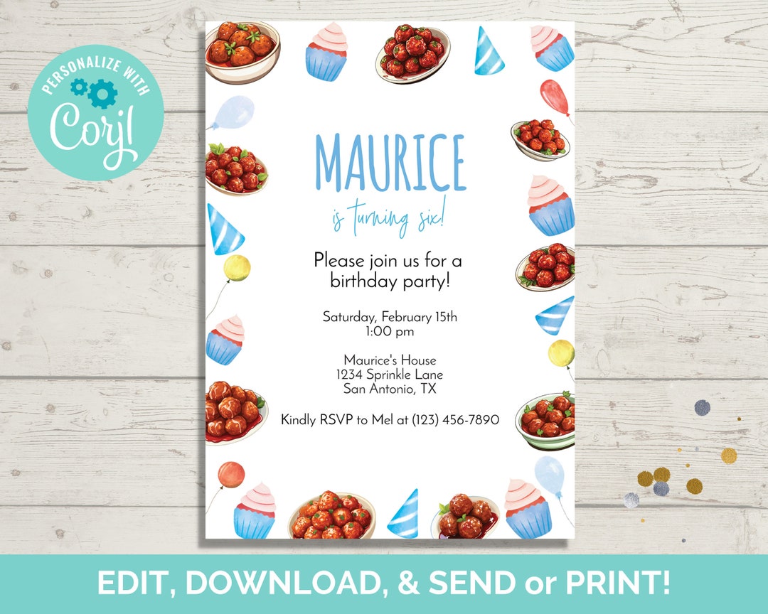 Meatball Theme Birthday Invitation Template, Editable Meatball Birthday ...