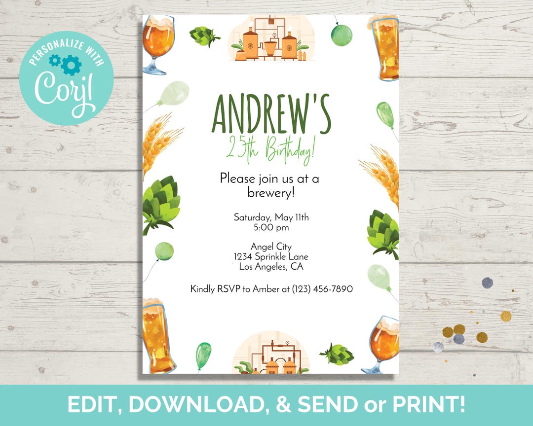 Brewery Birthday Invitation Template, Editable Beer Party Invite ...