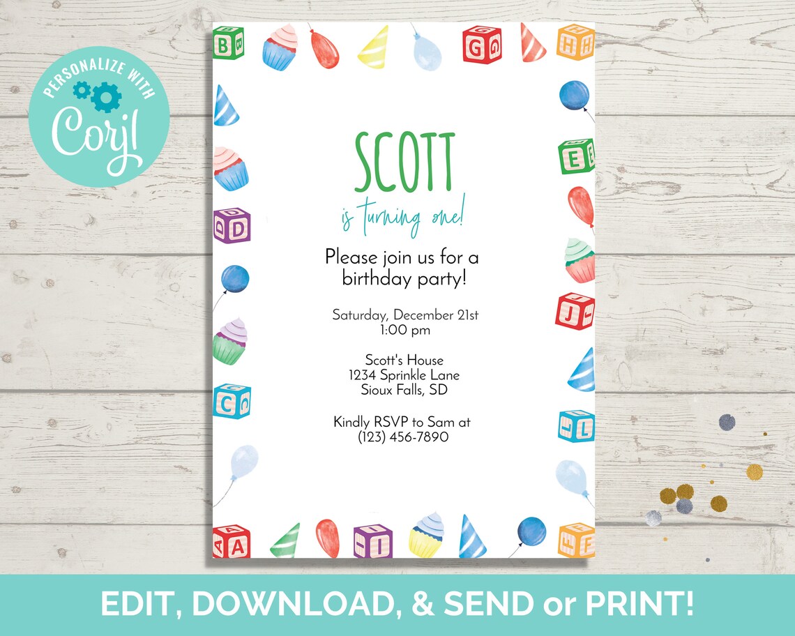ABC Blocks Theme Invitation Template, Editable Birthday Party Invite ...