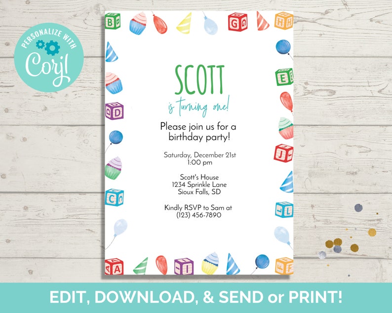 ABC Blocks Theme Invitation Template, Editable Birthday Party Invite ...