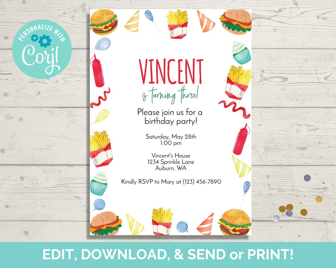 Cheeseburger and Fries Birthday Invitation Template, Editable Hamburger ...