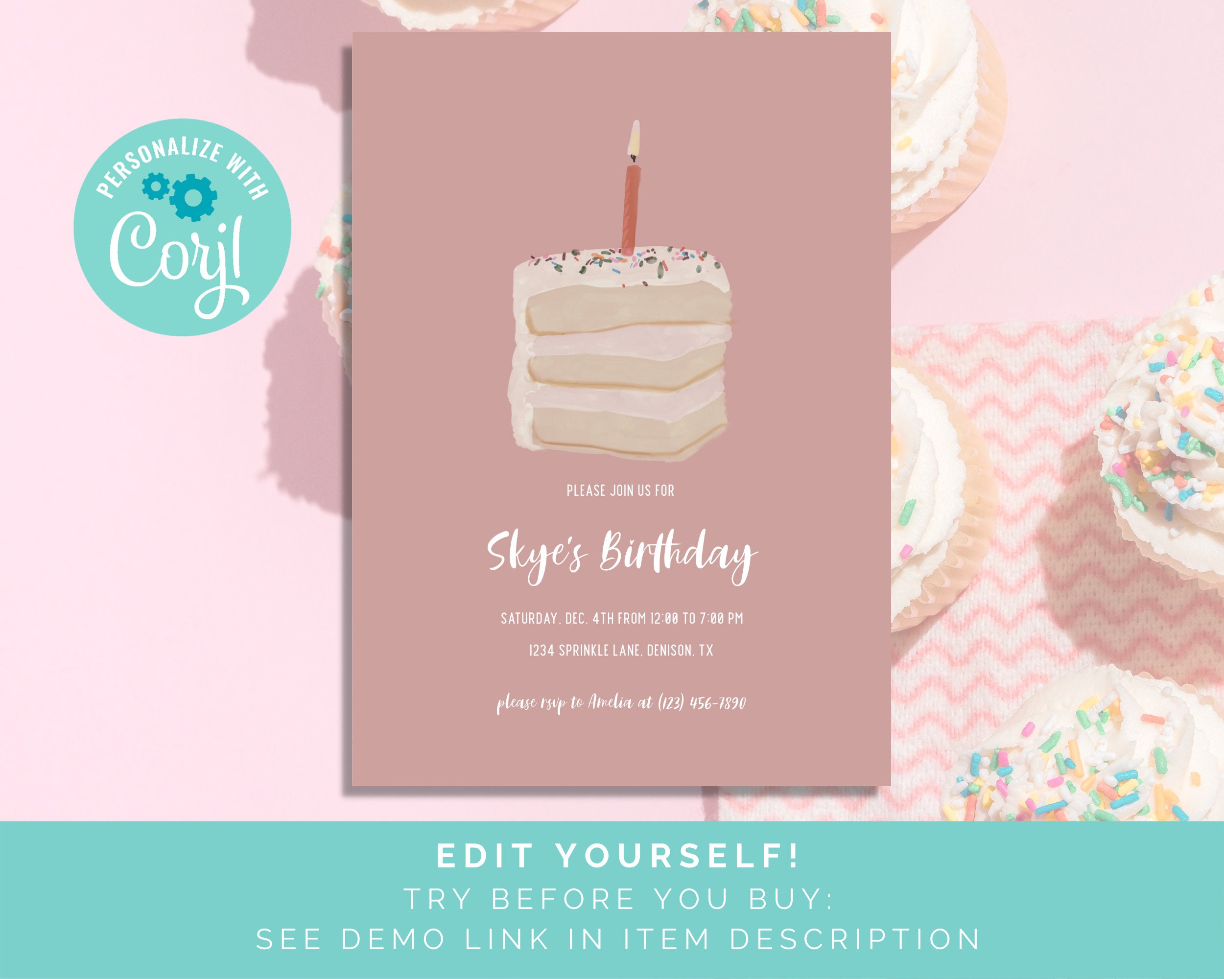 Birthday Cake Invitation, Cake Invite, Instant Download, Template ...