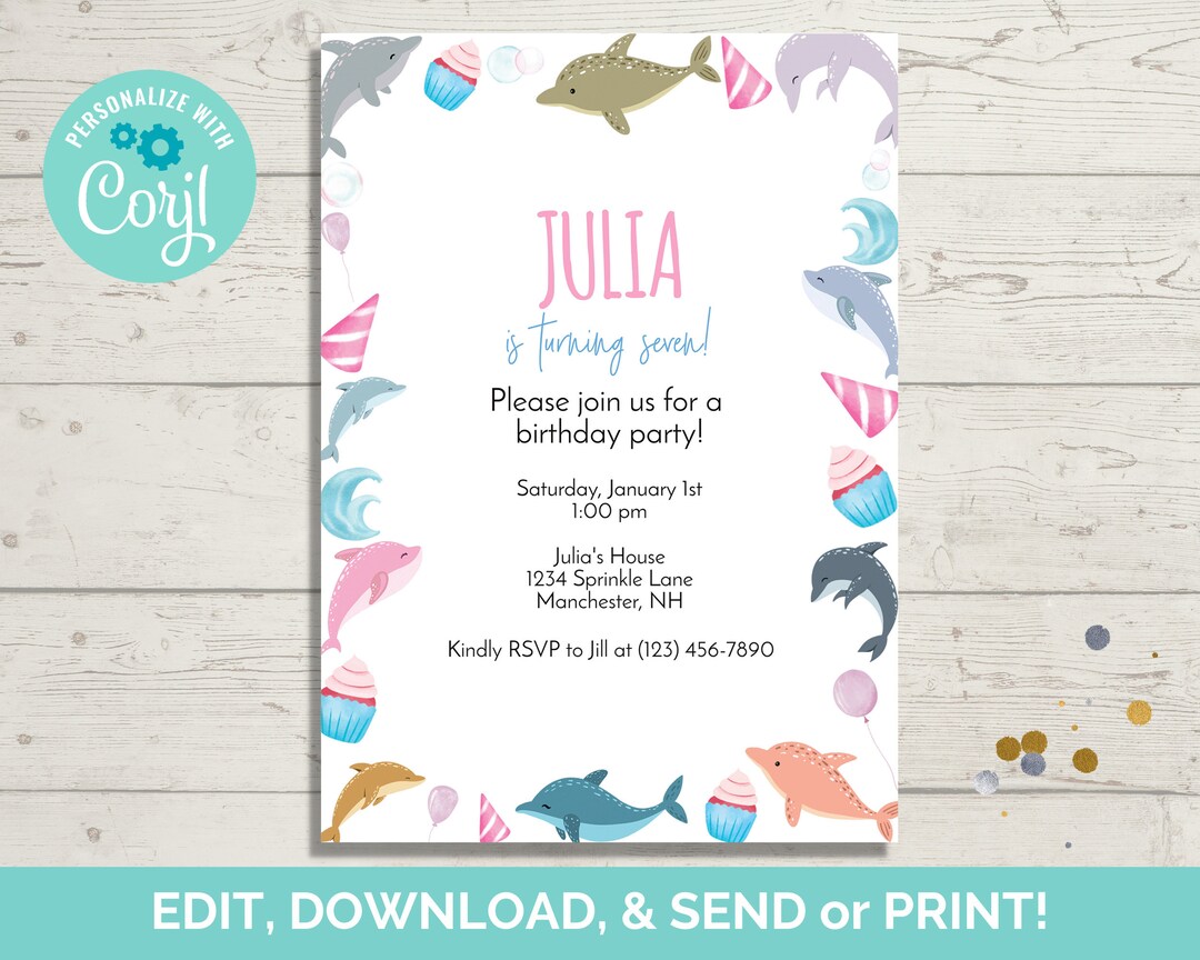 Dolphin Birthday Invitation Template, Editable Dolphin Birthday Party ...