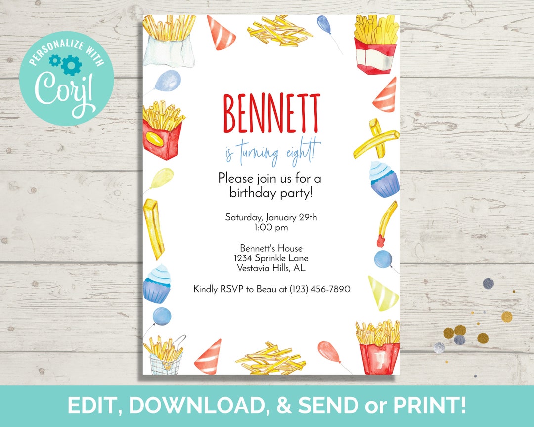 French Fries Birthday Invitation Template, Editable Birthday Invite ...