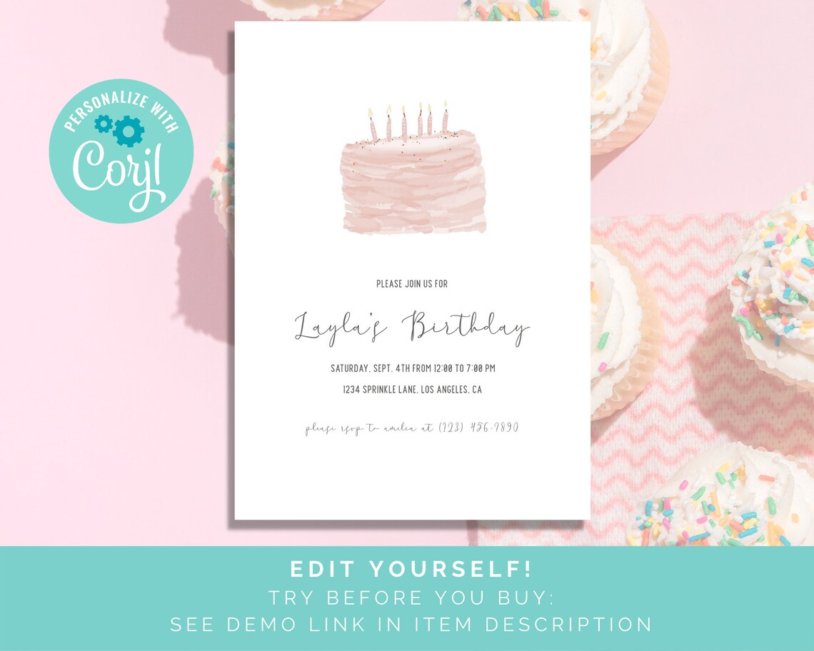 Birthday Cake Invitation, Pink Cake Birthday Invitation, Cake Invite ...