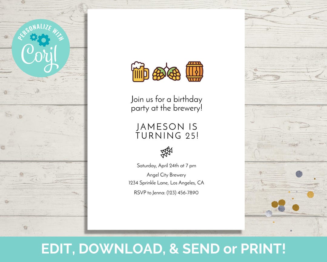 Brewery Birthday Invitation Template, Editable Beer Party Invite ...