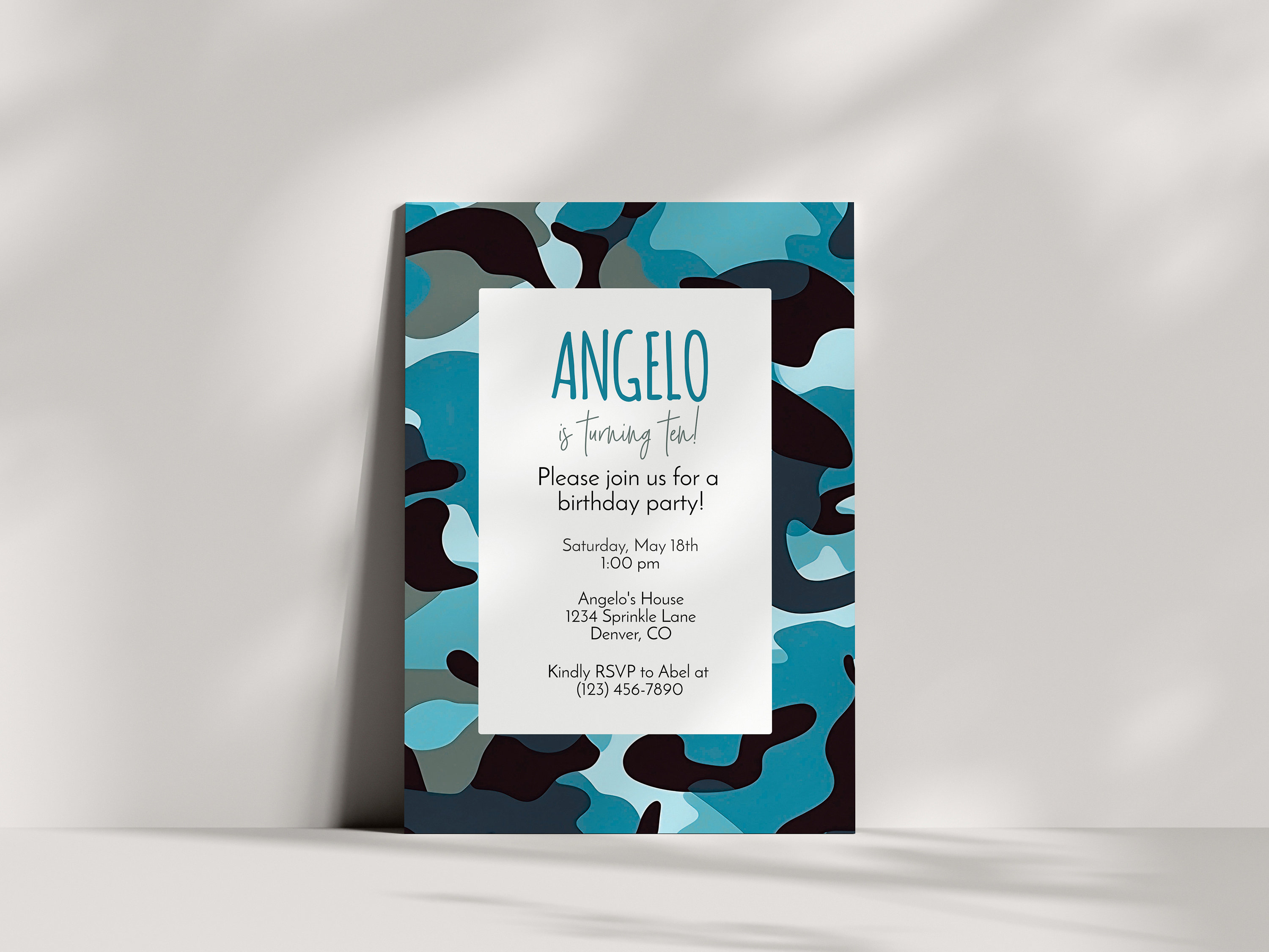 Blue Camouflage Invitation Template, Editable Camo Birthday Party ...