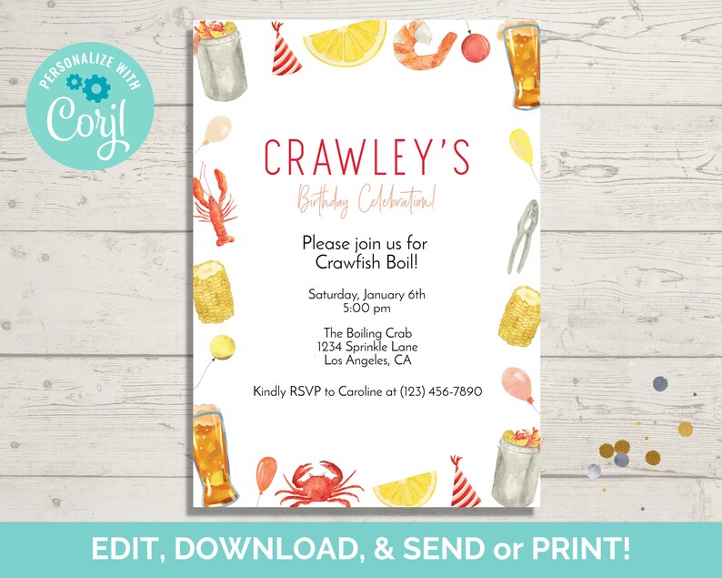 Seafood Boil Crawfish Boil Birthday Invitation Template, Editable ...