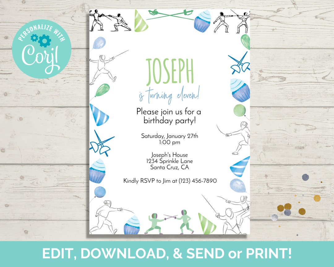 Fencing Birthday Invitation Template, Editable Fencing Birthday Party ...