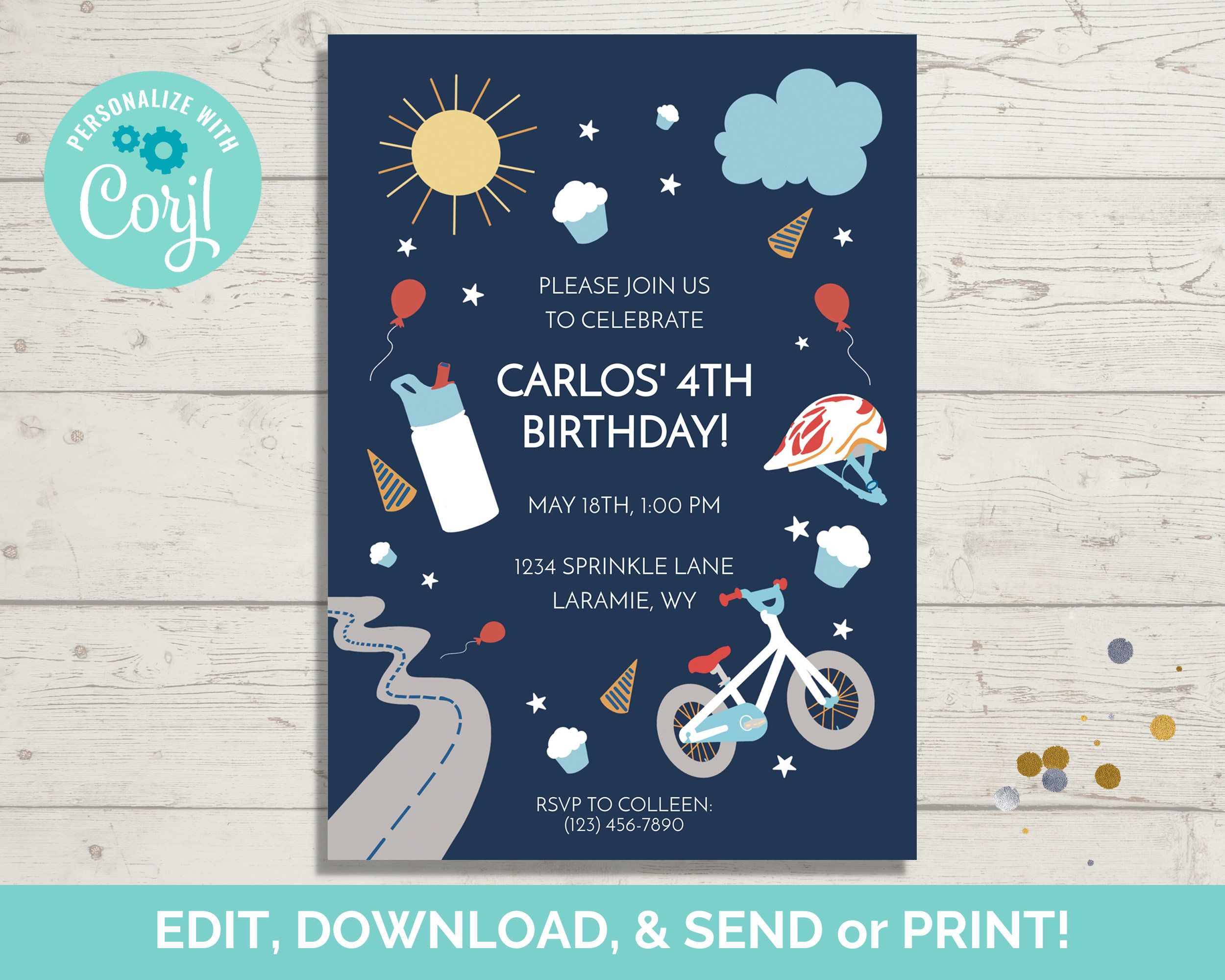 Bicycle Birthday Invitation Template, Editable Bike Birthday Party ...