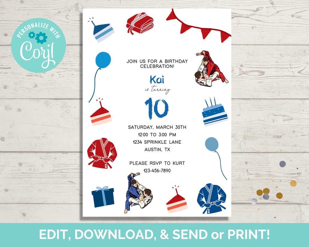 BJJ Birthday Red Blue Invitation Template, Printable Invite (digital ...