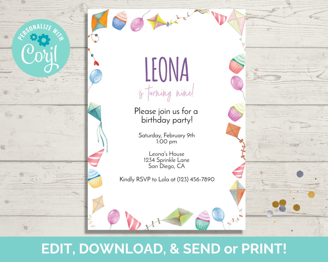 Kite Birthday Invitation Template, Editable Party Invite (instant ...