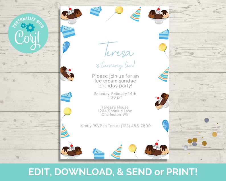 Ice Cream Sundae Invitation Template, Editable Birthday Party Invite ...