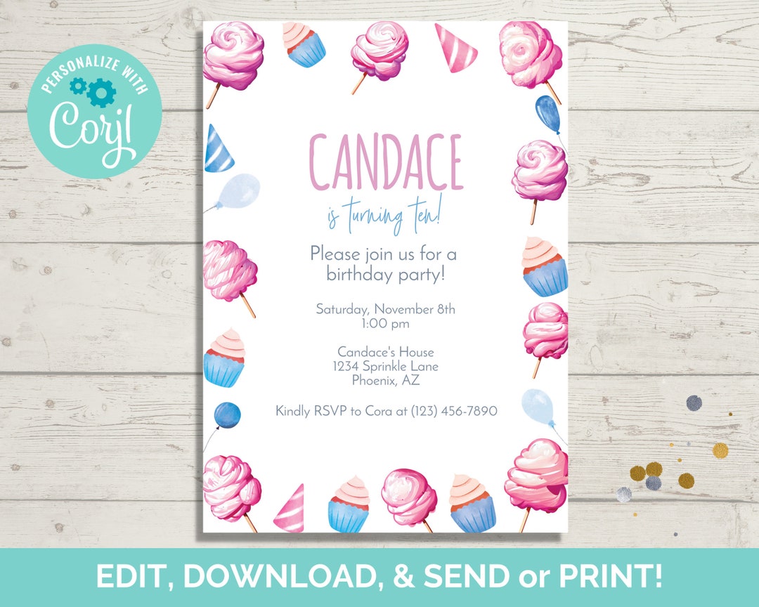 Cotton Candy Birthday Invitation Template, Editable Cotton Candy ...