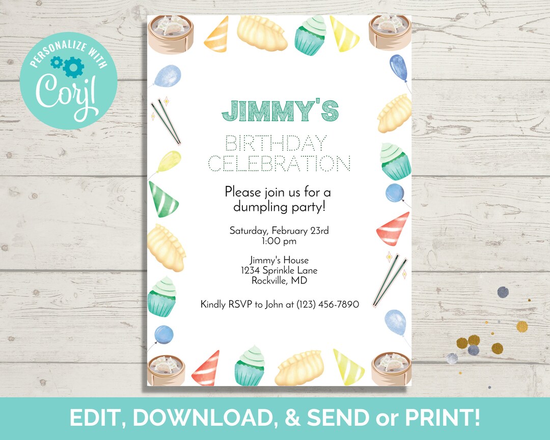 Dumpling Birthday Invitation Template, Editable Dumpling Birthday Party ...