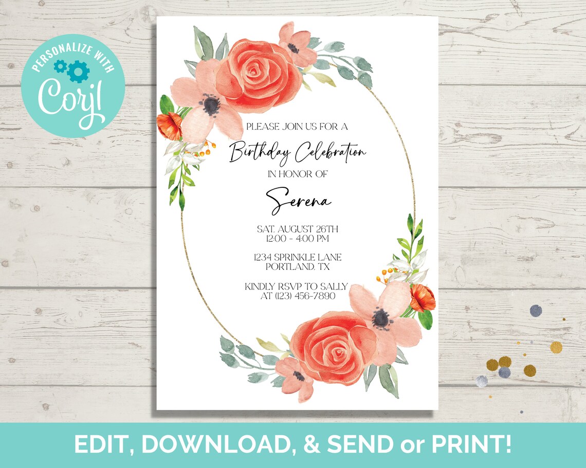 Floral Birthday Invitation, Watercolor Flowers, Editable Template ...