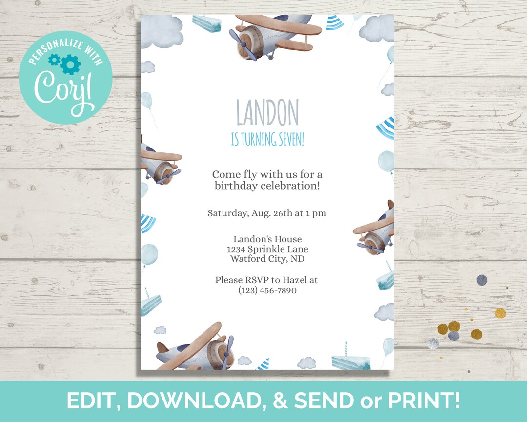 Airplane Birthday Party Invitation, Editable Template (digital Download ...