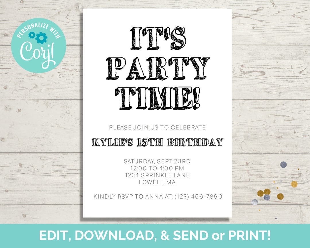 It's Party Time Birthday Invitation Template, Minimal Black and White ...