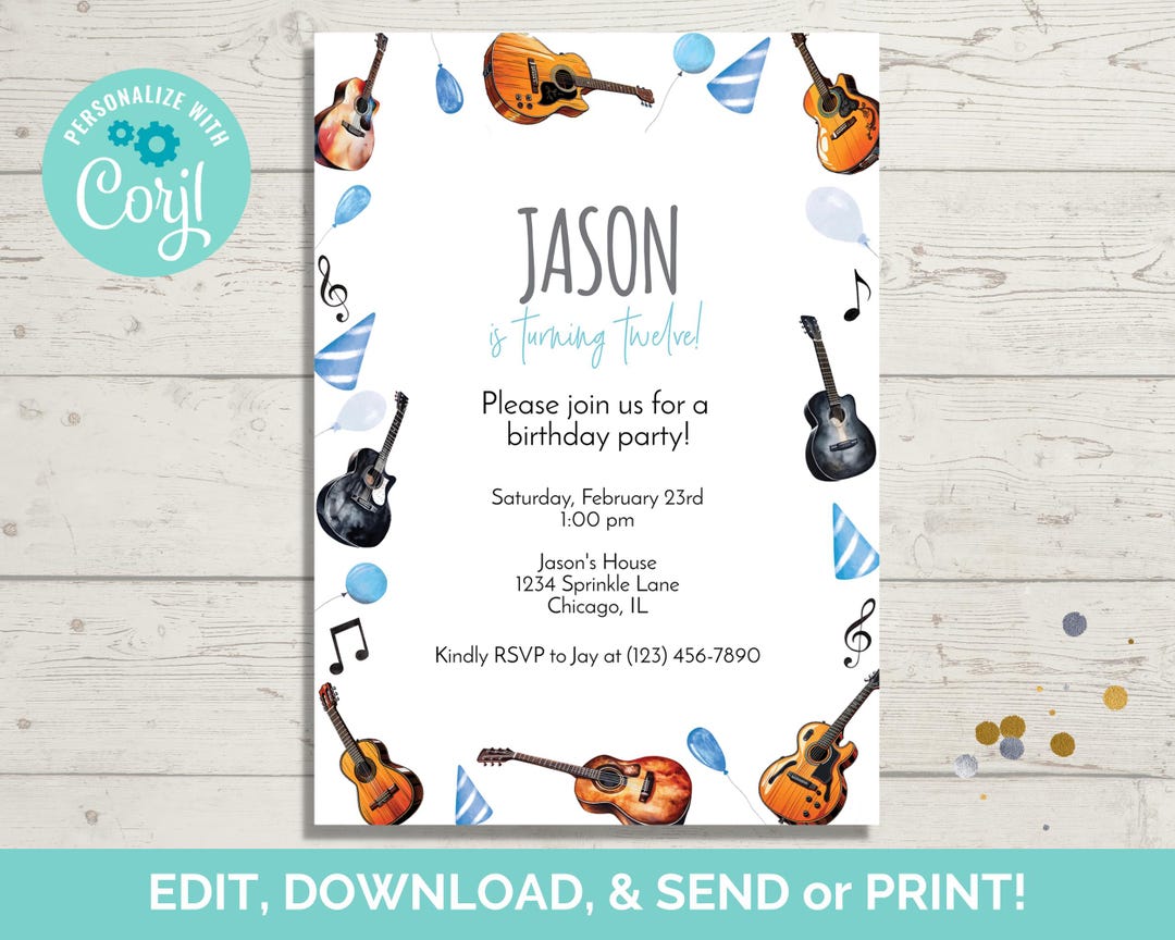 Guitar Birthday Invitation Template, Editable Party Invite (digital ...