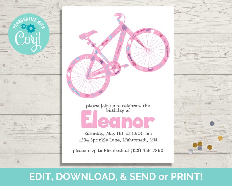 Bicycle Birthday Invitation Template, Editable Bike Birthday Party ...
