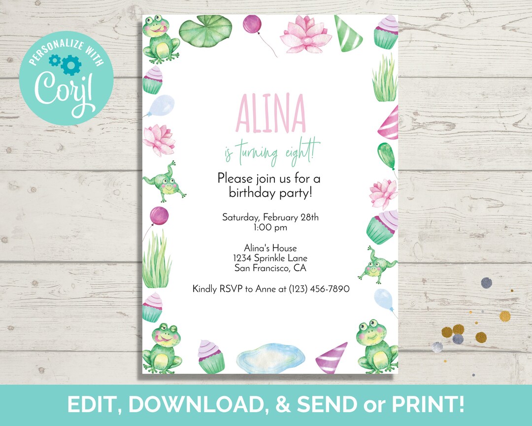 Frog Theme Birthday Invitation Template, Editable Frog Birthday Party ...