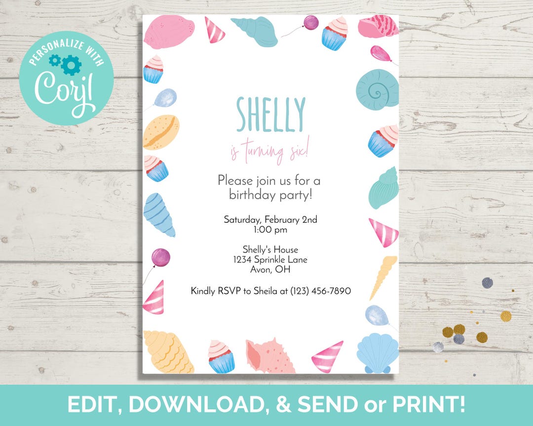 Sea Shell Birthday Invitation Template, Editable Sea Shell Birthday ...