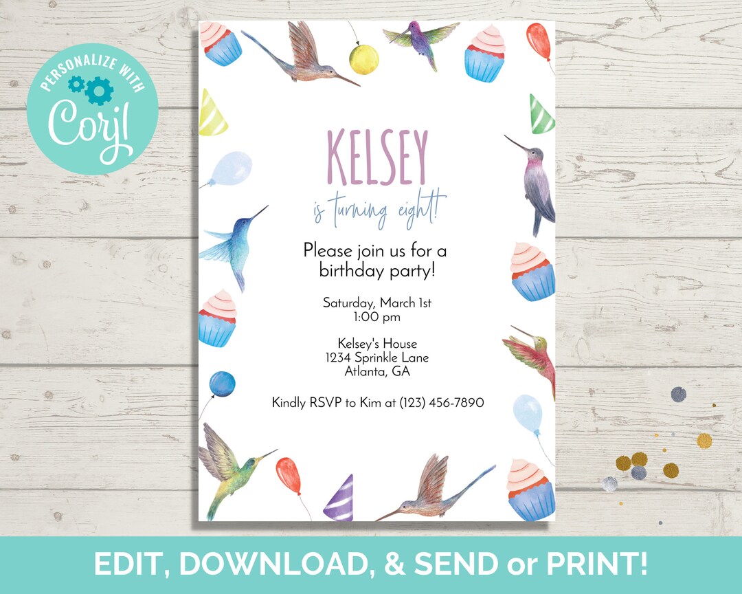 Hummingbird Birthday Invitation Template, Editable Hummingbird Birthday ...