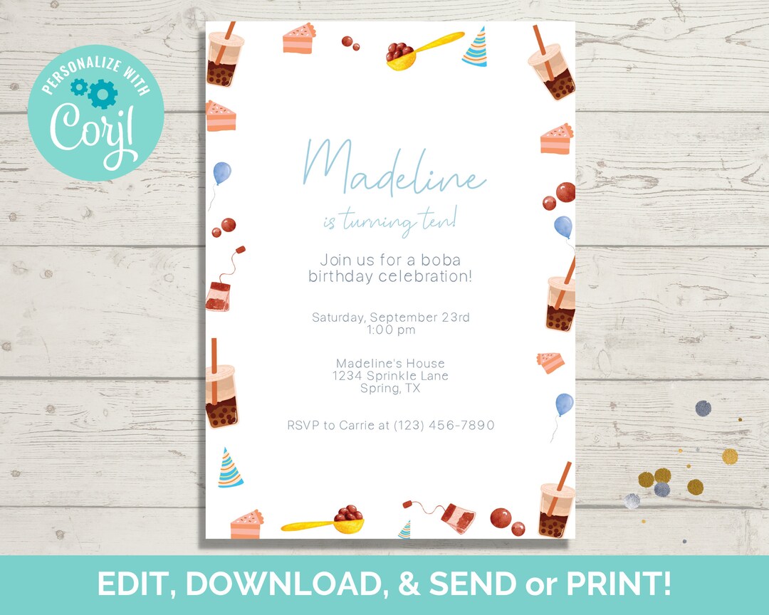 Boba Birthday Invitation, Printable Boba Birthday Party Invite, Instant ...