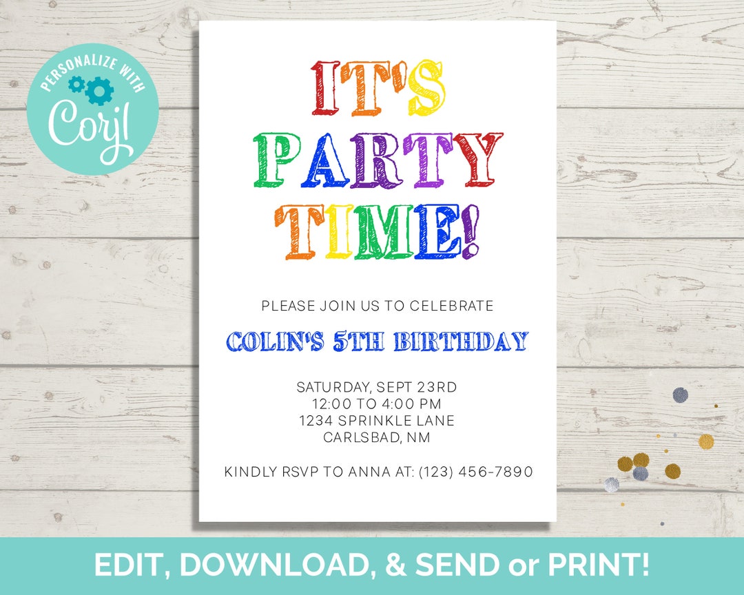 It's Party Time Invitation Template, Rainbow Birthday Invite, Editable ...