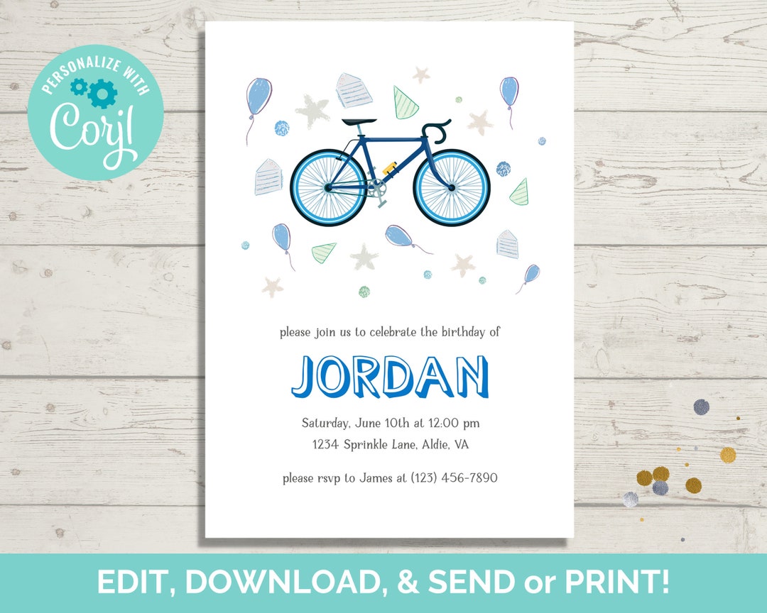 Bicycle Birthday Invitation Template, Editable Bike Birthday Party ...