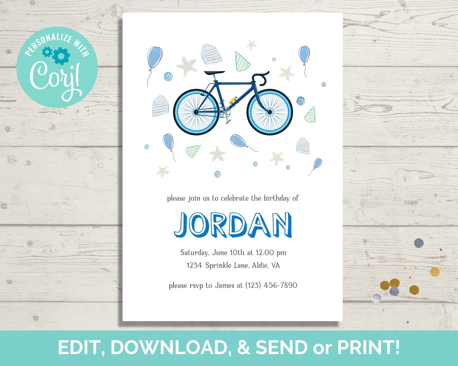 Bicycle Birthday Invitation Template, Editable Bike Birthday Party ...