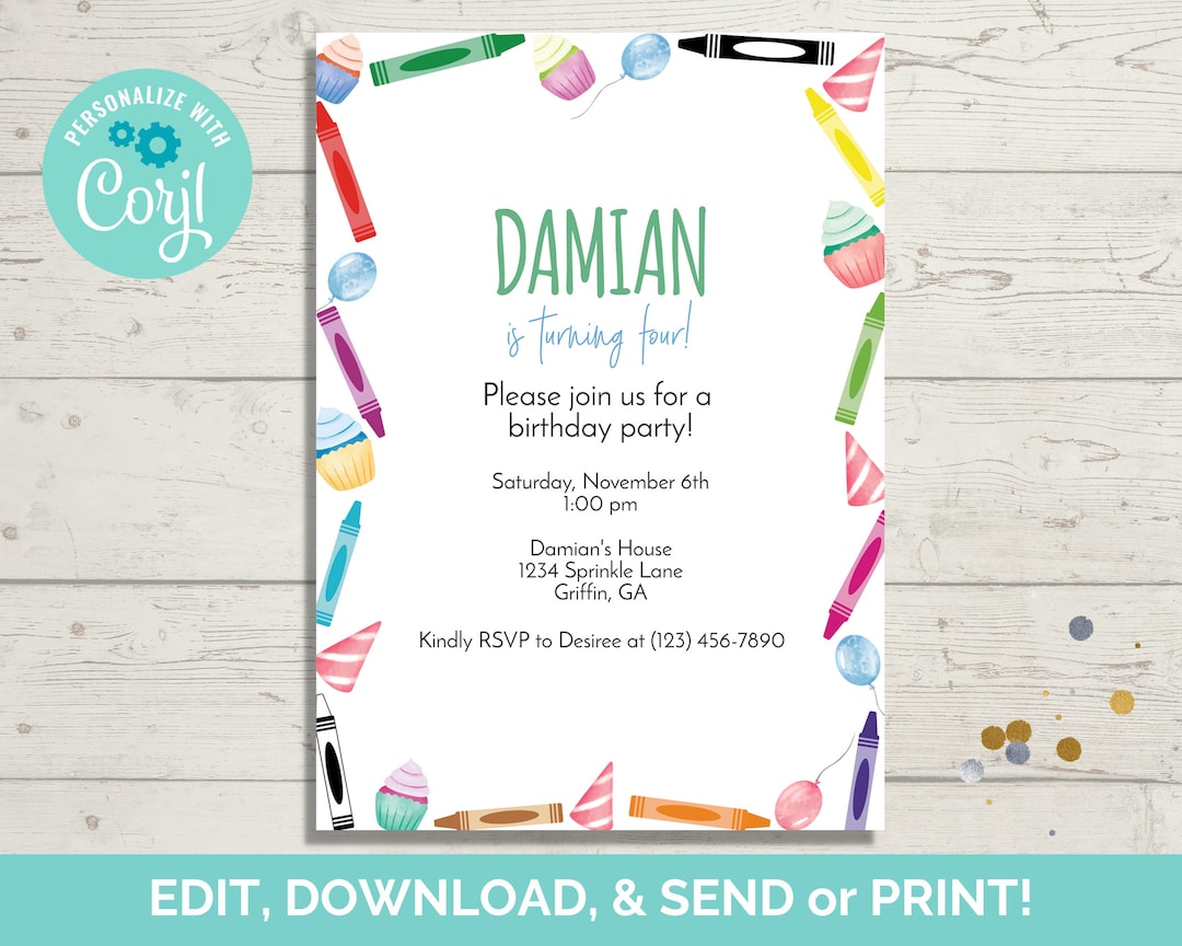 Coloring Birthday Invitation Template, Editable Color Party Invite ...