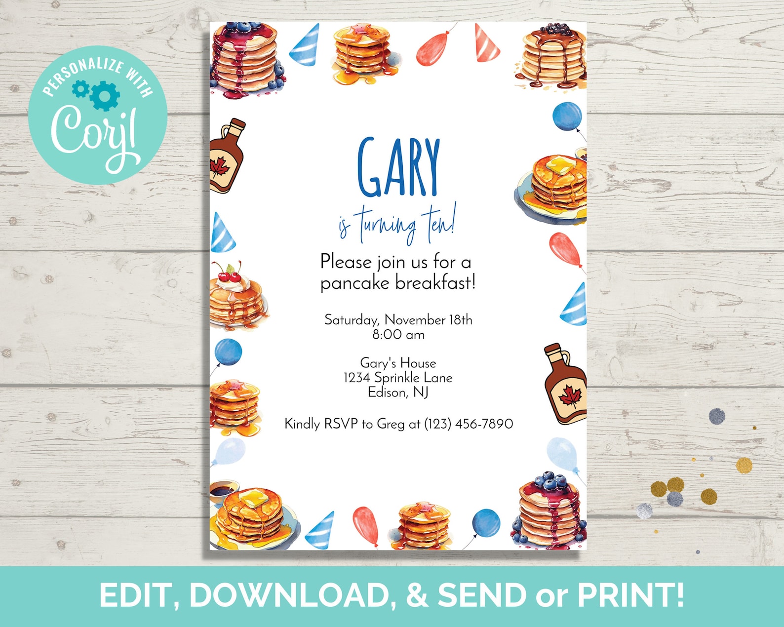 Pancake Breakfast Birthday Invitation Template, Editable Pancake ...