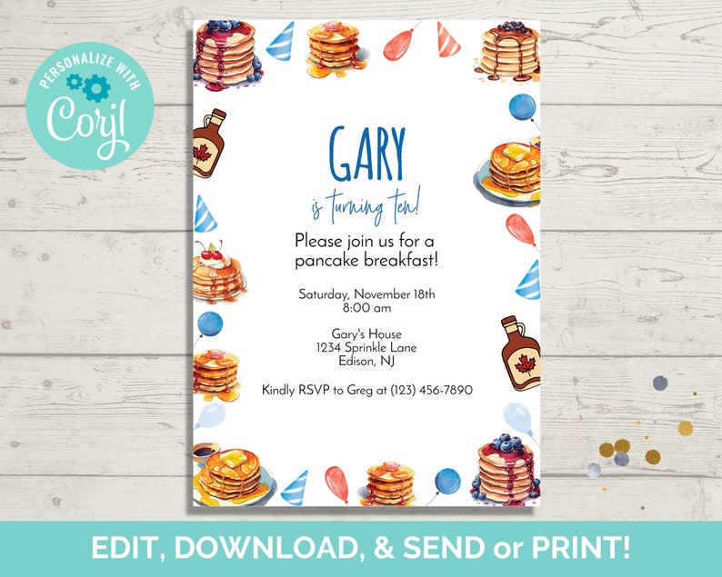 Pancake Breakfast Birthday Invitation Template, Editable Pancake ...