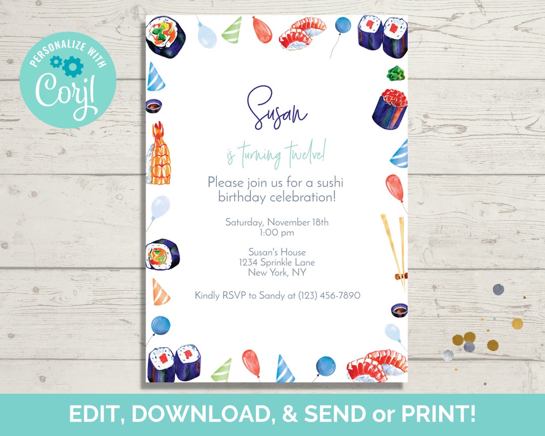Sushi Birthday Invitation Template, Sushi Birthday Invite, Sushi Party ...
